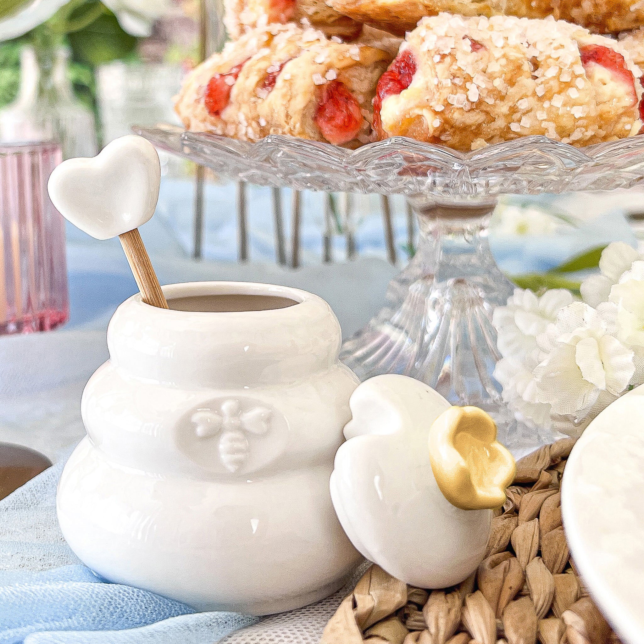 Bee Hive Ceramic Mini Honey Jar & Dipper Set (Set of 2) | Kate Aspen