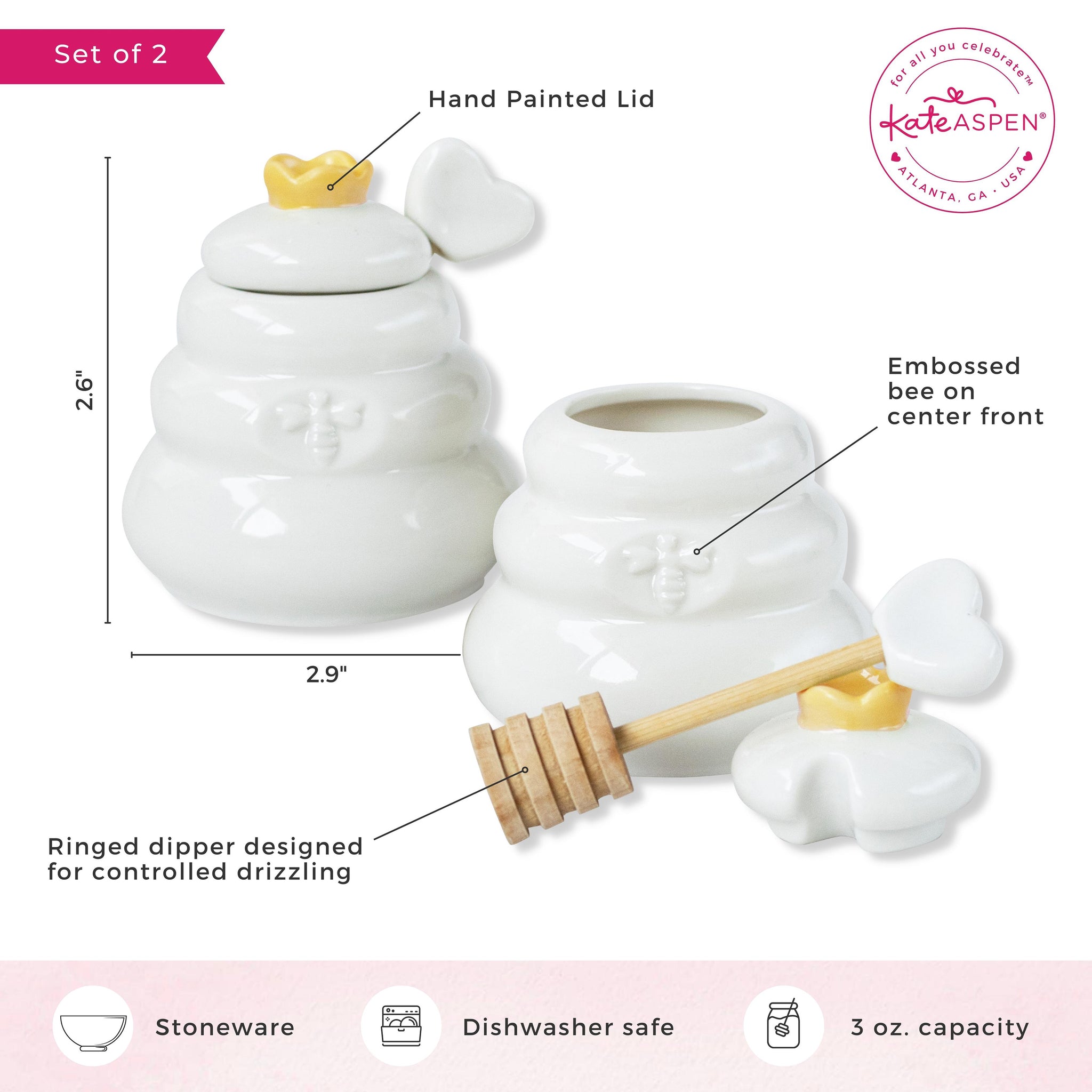 Bee Hive Ceramic Mini Honey Jar & Dipper Set (Set of 2) | Kate Aspen