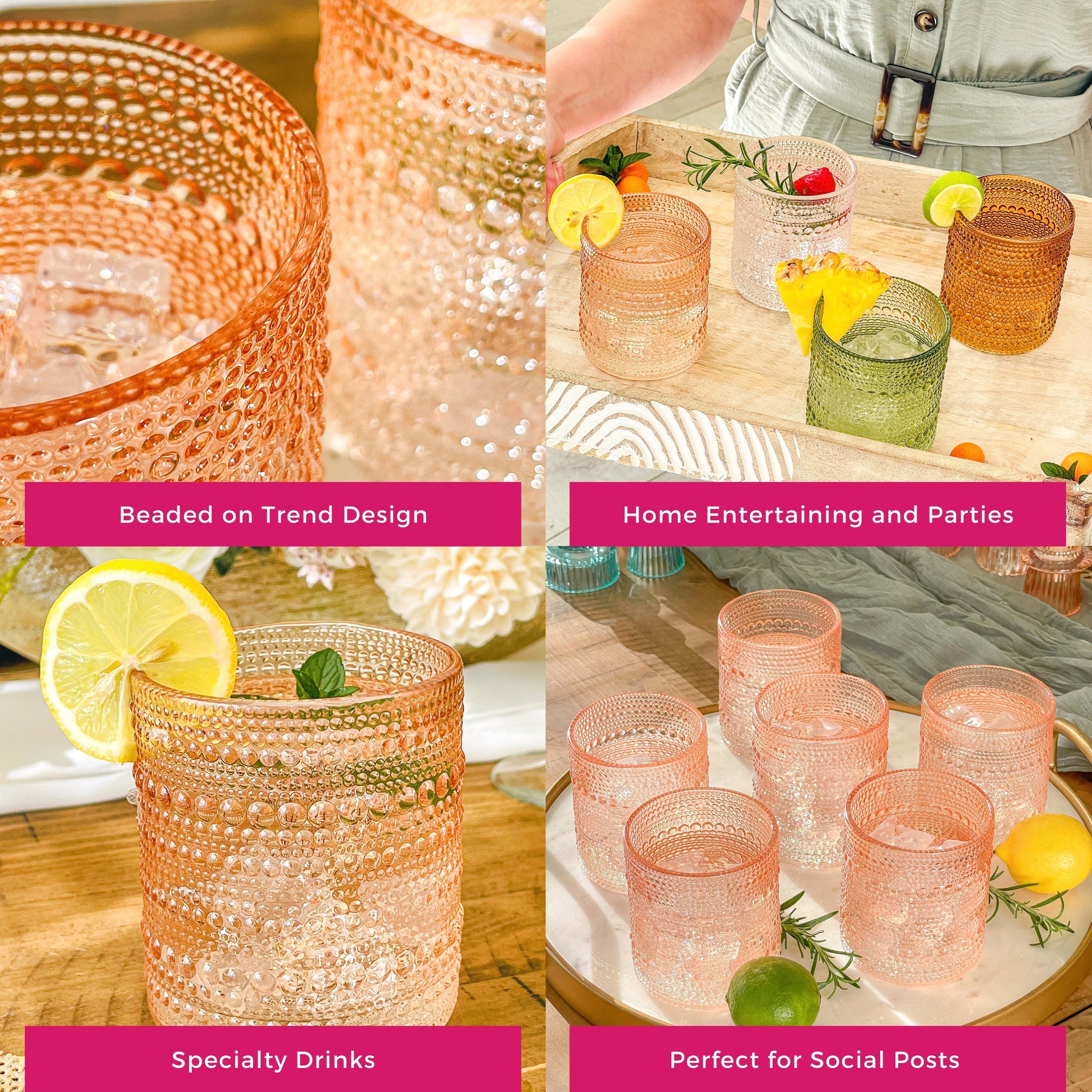 10 oz. Textured Beaded Rose Gold Old Fashion Drinking Glasses (Set of