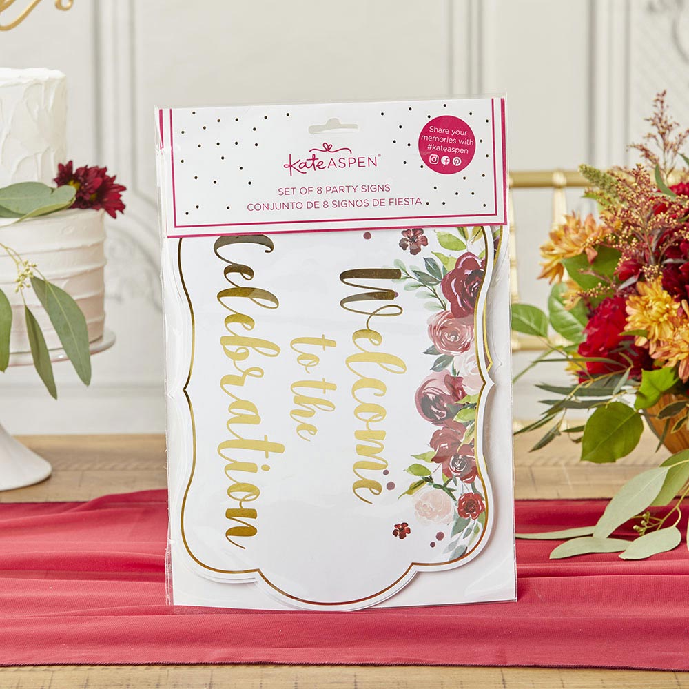 Burgundy Blush Floral Party Décor Sign Kit (Set of 8)